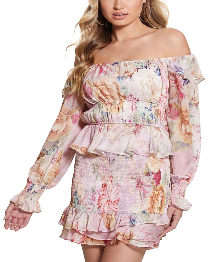 GUESS Women's Azura Off-The-Shoulder Ruffled Floral Top - Macy's
