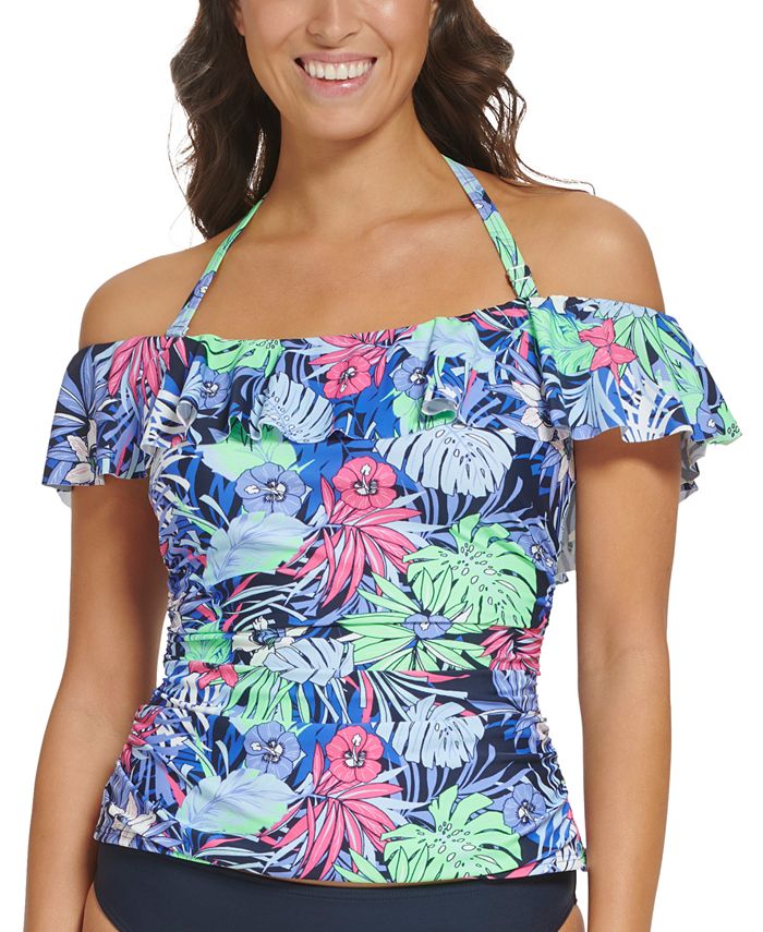 Tommy Hilfiger Women's Printed Ruffled Off-The-Shoulder Tankini Top ...