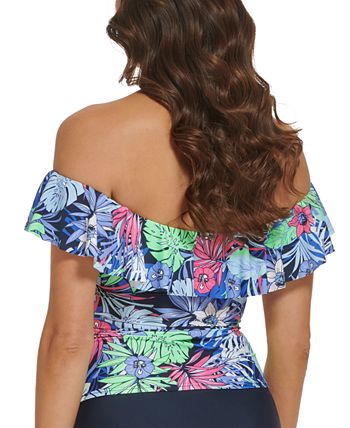 Tommy Hilfiger Women's Printed Ruffled Off-The-Shoulder Tankini Top ...