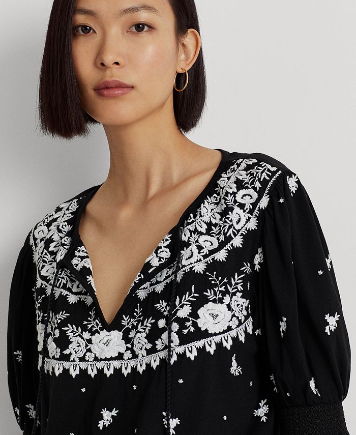 Lauren Ralph Lauren Petite Tie-Neck Puffed Elbow Sleeve Top - Macy's