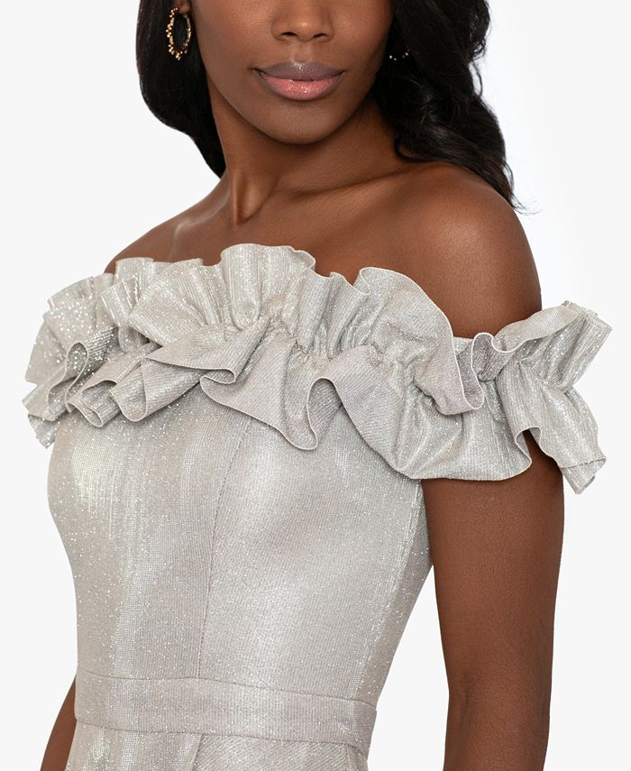 XSCAPE Petite Metallic Ruffled Off-The-Shoulder Gown - Macy's