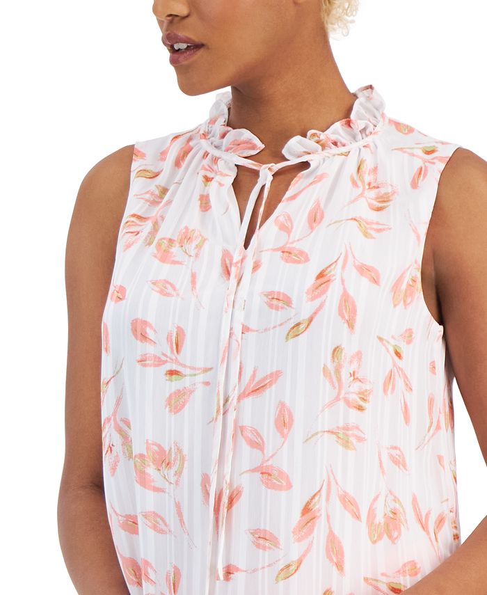 Anne Klein Women's Printed Sleeveless Ruffle-Neck Blouse - Macy's