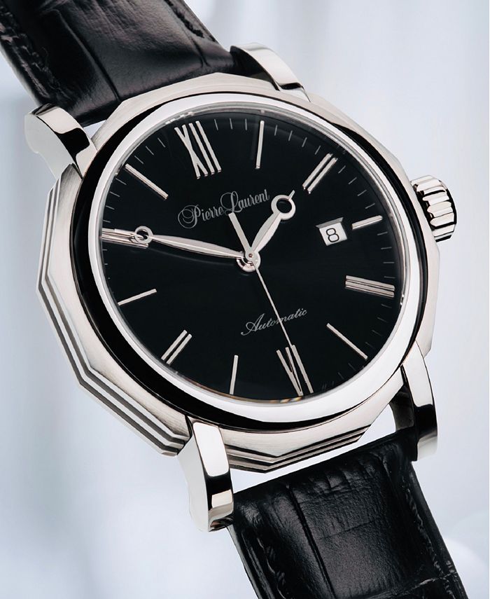 Pierre Laurent Men's Swiss Automatic Heirloom Black Leather Strap Watch 46mm - Macy's