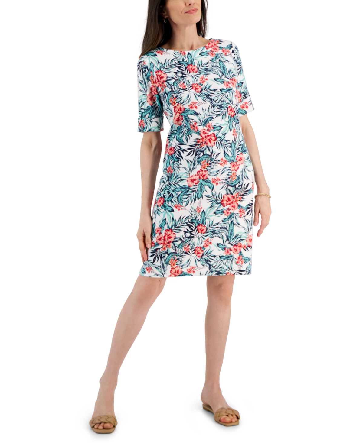 Karen Scott Women's Floral-printed Elbow-sleeve Boat-neck Knit Dress ...