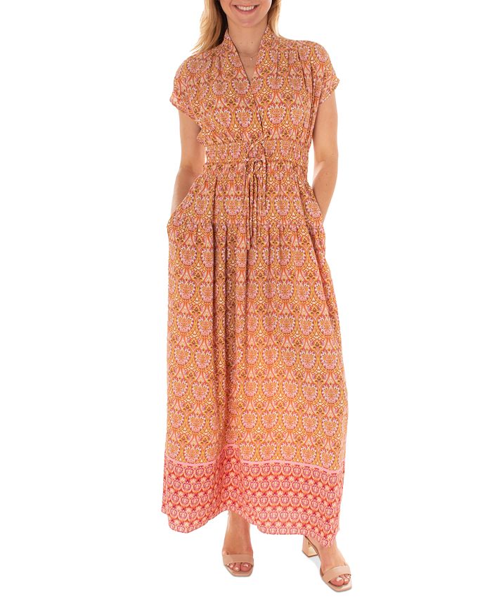 Maison Tara Women's Printed Cap-Sleeve Shirred-Waist Crepe Maxi Dress ...