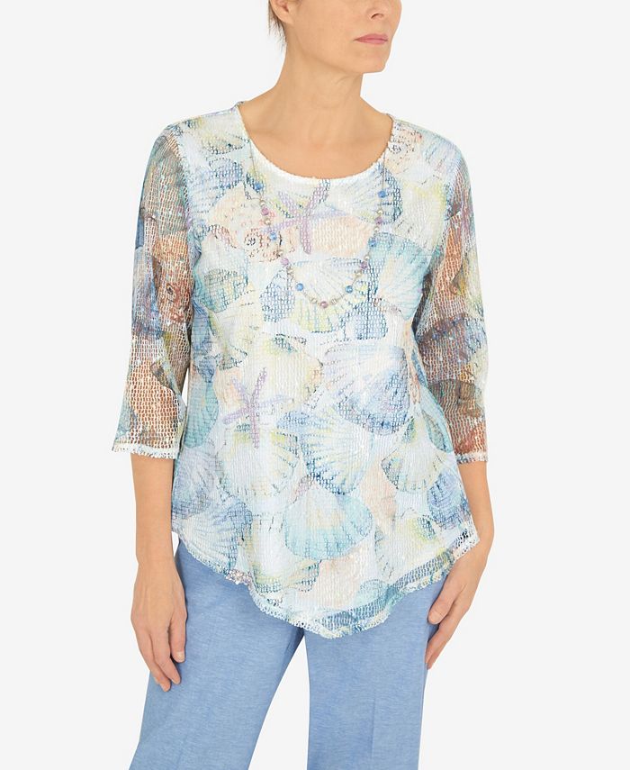 Alfred Dunner Petite Set Sail Asymmetric Mesh Sleeve Seashell Top - Macy's