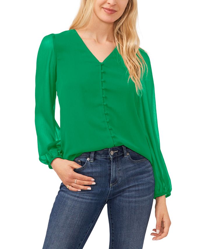 CeCe Women's Long Sheer-Sleeve Button-Down V-Neck Blouse - Macy's