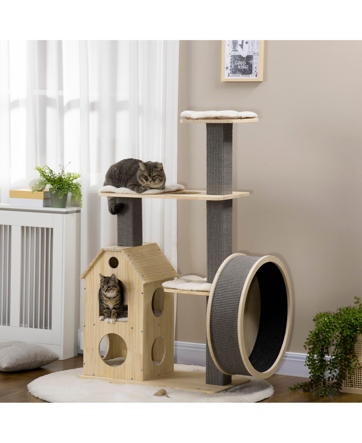 PawHut 53" Modern Cat Tree with Scratching Posts & Wheel, Small Cat ...