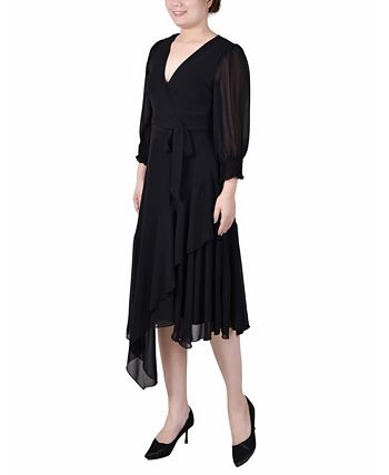 NY Collection Petite 3/4 Sleeve Belted Chiffon Handkerchief Hem Dress ...