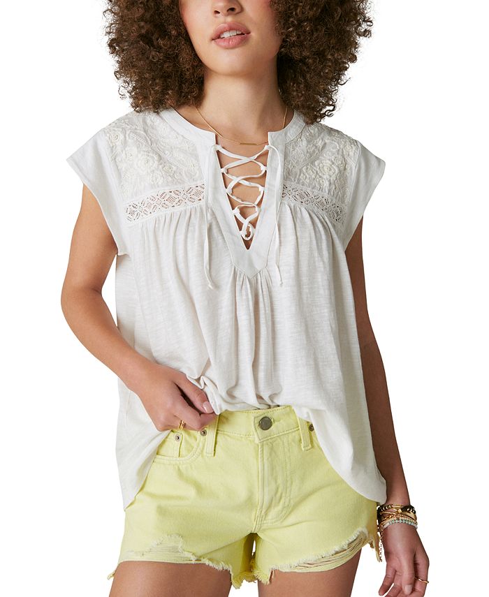 Lucky Brand Women's Embroidered Lace-Up Top - Macy's Lucky Brand Women's Embroidered Lace-Up Top - Macy's