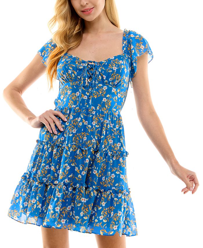 City Studios Juniors' Floral-Print Lace-Up Flutter-Sleeve Tiered Dress ...