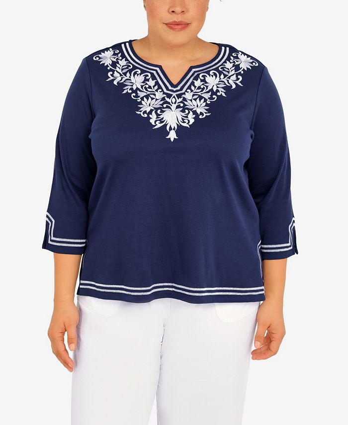 Alfred Dunner Plus Size Embroidered Scroll Yoke Top - Macy's