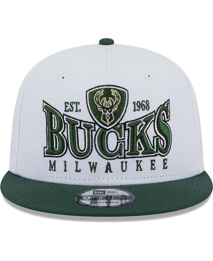 New Era Men's White, Hunter Green Milwaukee Bucks Crest Stack 9Fifty ...