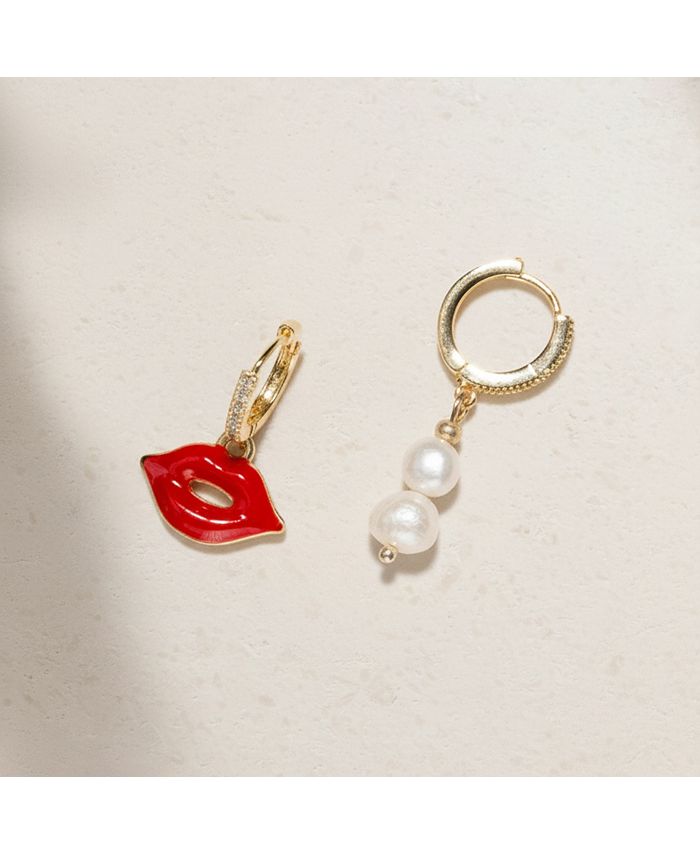 Joey Baby 18k Gold Plated Huggies Freshwater Pearls with a Red Enamel ...