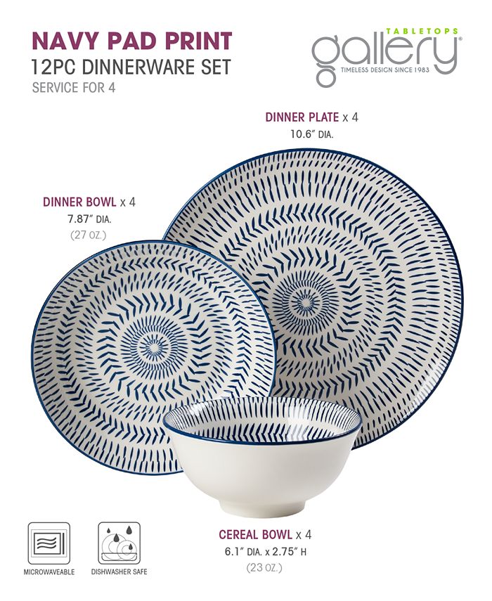 Tabletops Gallery Navy Pad Print 12 Pc. Dinnerware Set, Service for 4 ...