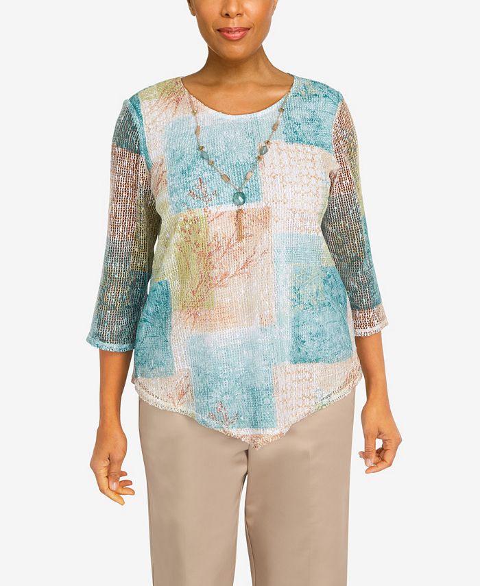 Alfred Dunner Women's Coconut Grove Patchwork Popcorn Mesh 3/4 Sleeve ...