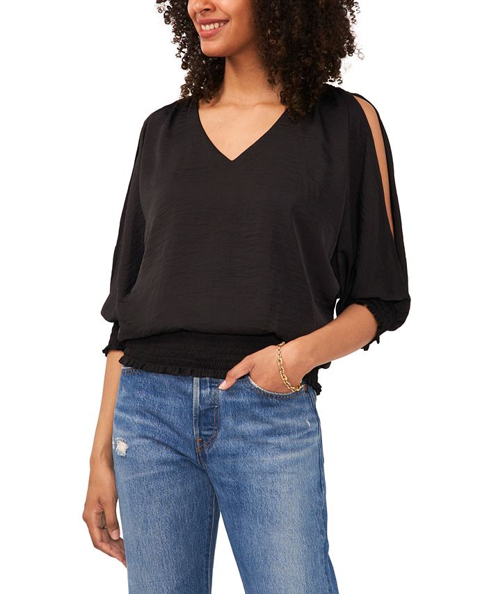 Sam & Jess Women's V-Neck Cold Shoulder Smocked-Waist Top - Macy's