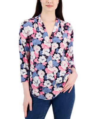 Charter Club Petite Pleated-Neck 3/4-Sleeve Printed ITY Top, Created ...