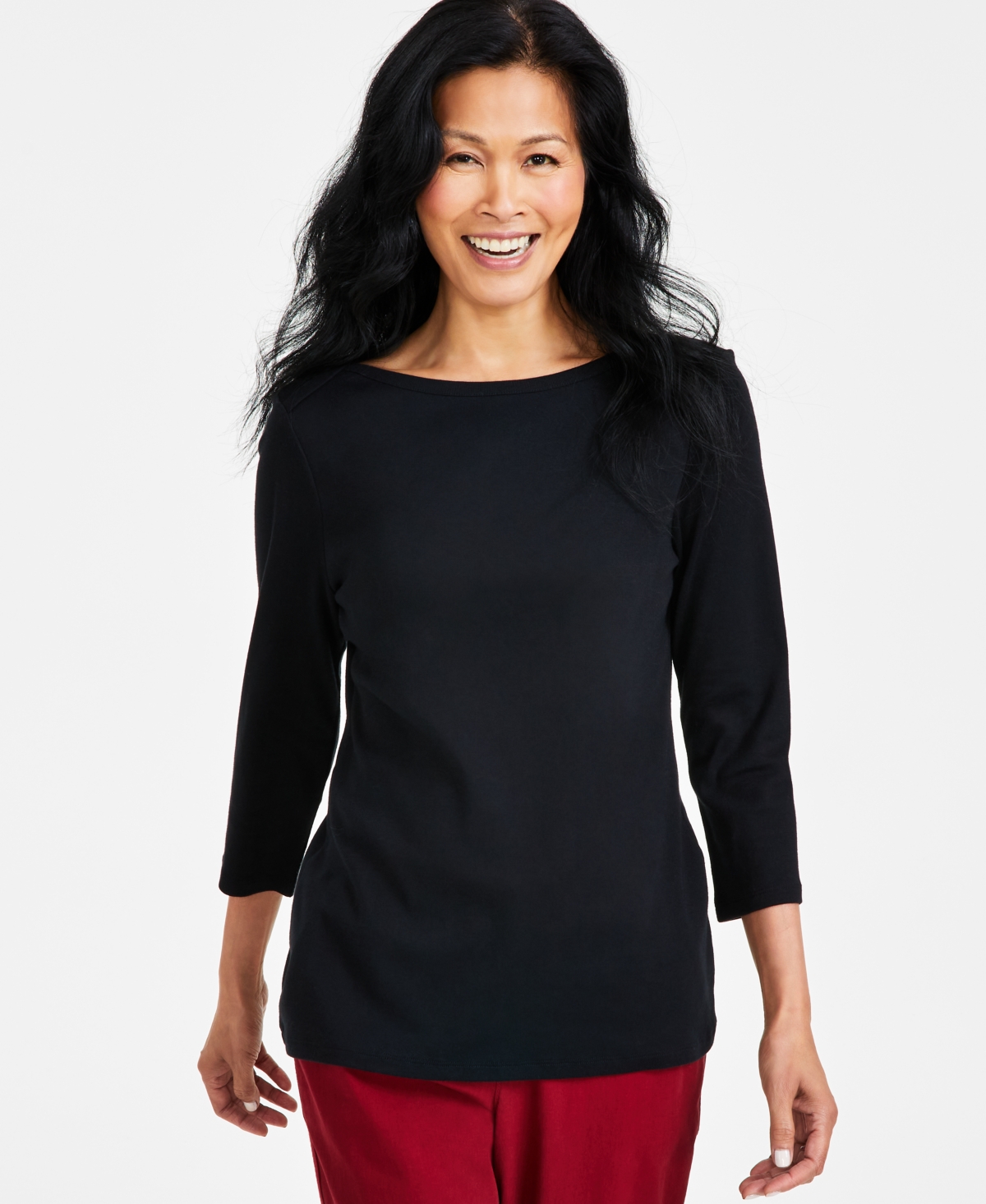 Click here for Style & Co Womens Petite Pima Cotton 3/4-Sleeve Bo... prices