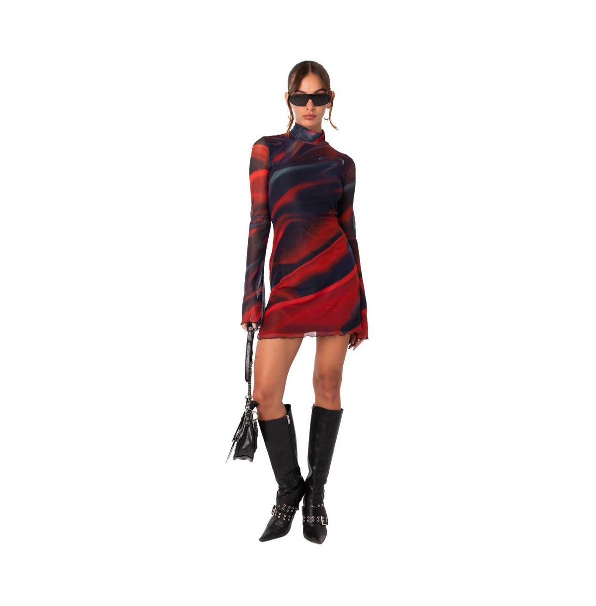 Edikted Womens Printed Mesh Lettuce Hem Mini Dress With Side Slits And Bell Sleeves - Red and Black