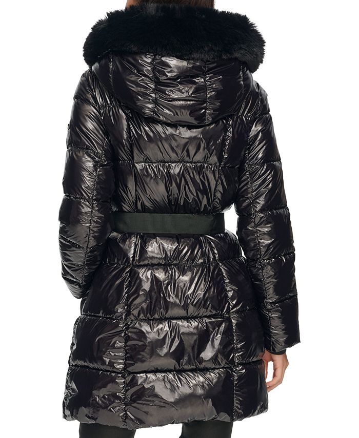 DKNY Women's Belted Faux-Fur-Trim Hooded Puffer Coat - Macy's