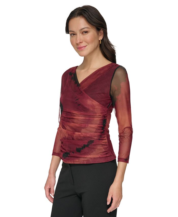 DKNY Women's 3/4-Sleeve Printed Mesh V-Neck Top - Macy's