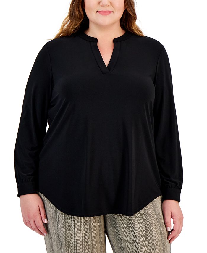 Anne Klein Plus Size Split-Neck Buttoned-Cuff Tunic - Macy's
