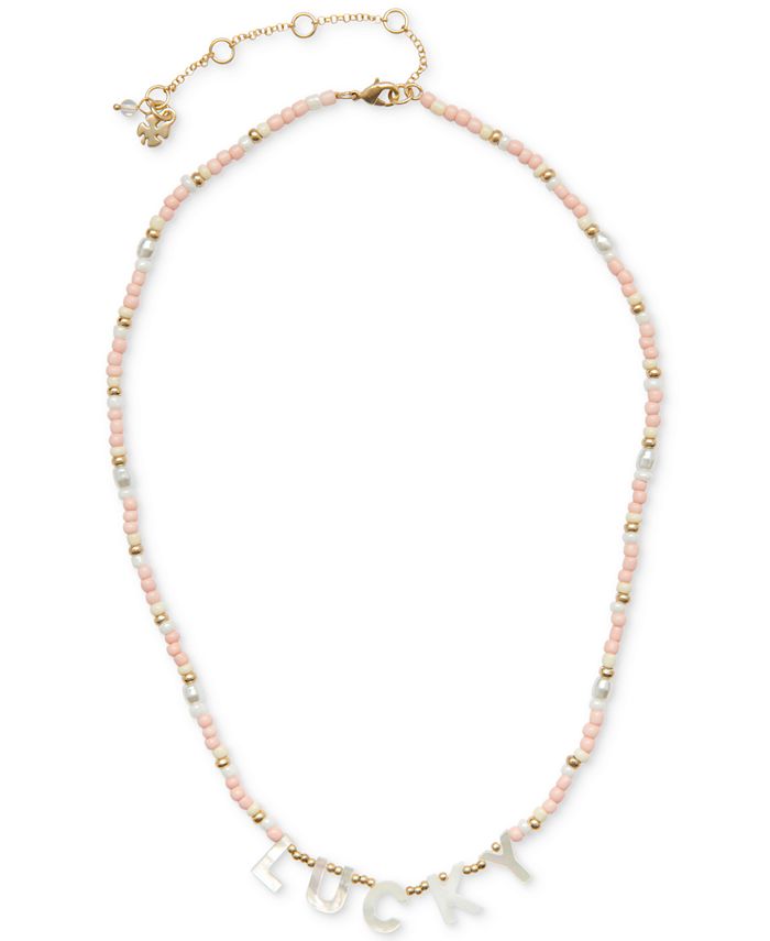 Lucky Brand Gold-Tone & Color Beaded LUCKY Collar Necklace, 16" + 3" extender - Macy's