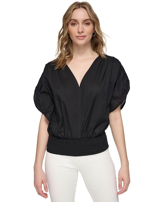 Calvin Klein Women's V-Neck Smocked-Waist Top - Macy's