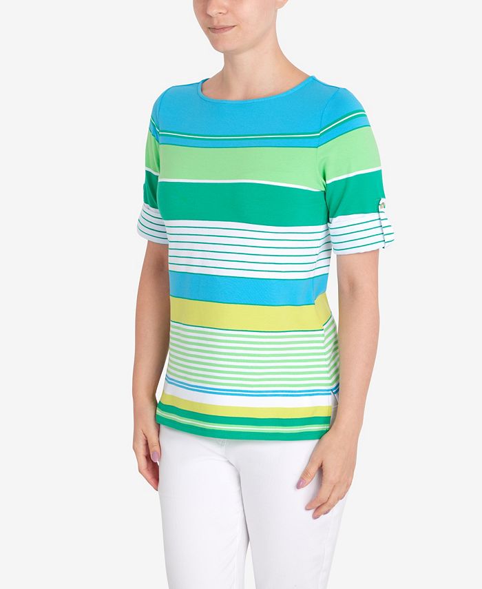 Ruby Rd. Petite Boat Neck Stripe with Roll Tab Sleeve T-shirt - Macy's
