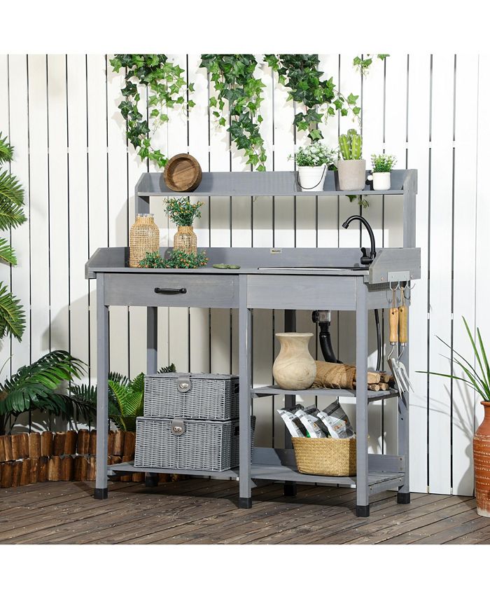 Outsunny Potting Bench Table, Includes Removable Outdoor Sink Station ...