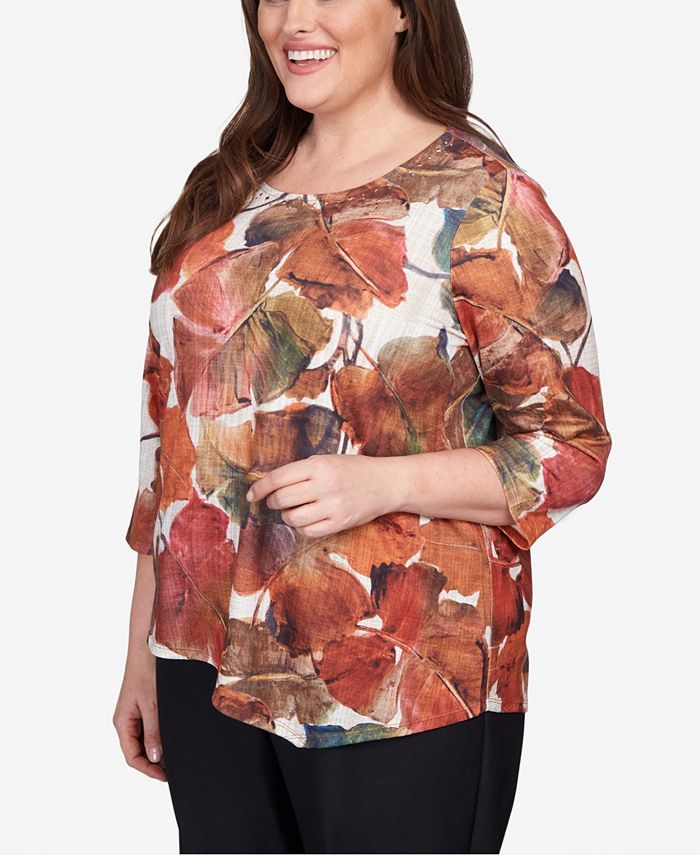 Alfred Dunner Plus Size Classics Autumn Leaves Asymmetric Hem Top - Macy's