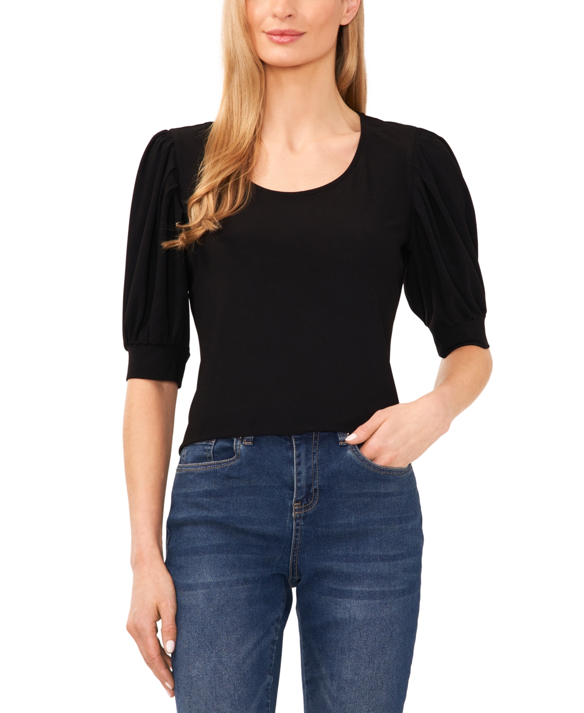 Click here for CeCe Womens Shirred Scoop-Neck 3/4-Sleeve Knit Top... prices