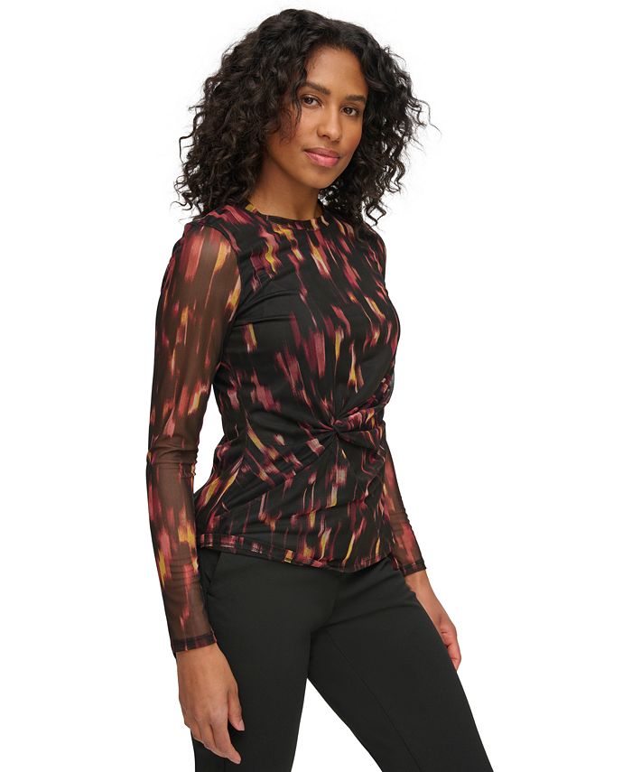 DKNY Women's Printed Mesh Side-Knot Top - Macy's