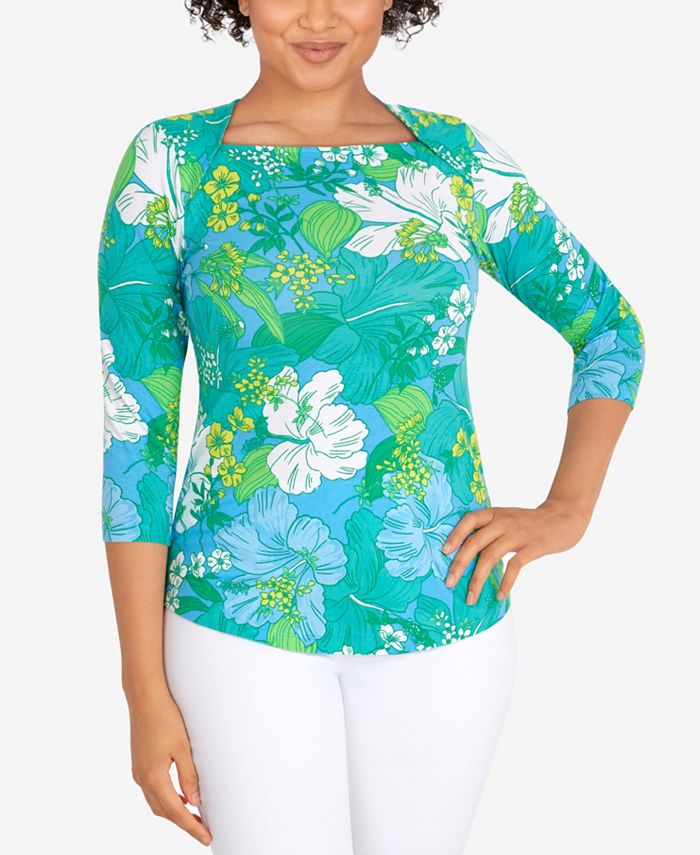 Ruby Rd. Petite Square Neck Bright Tropical Print Knit Top - Macy's