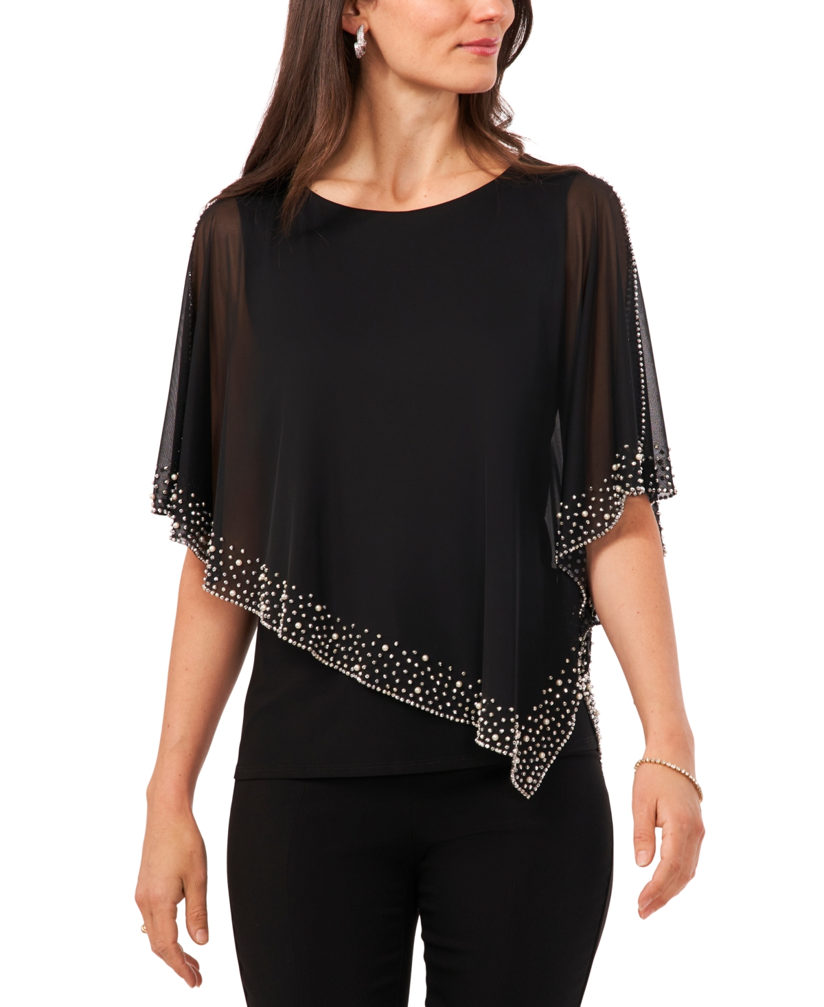 Click here for Msk Womens Beaded Overlay Cape Top - Black prices