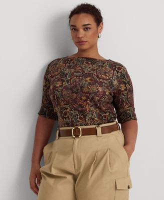 Lauren Ralph Lauren Plus Size Boat-Neck Elbow-Sleeve Tee - Macy's