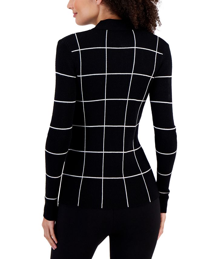 T Tahari Women's Ribbed Windowpane Johnny-Collar Sweater - Macy's