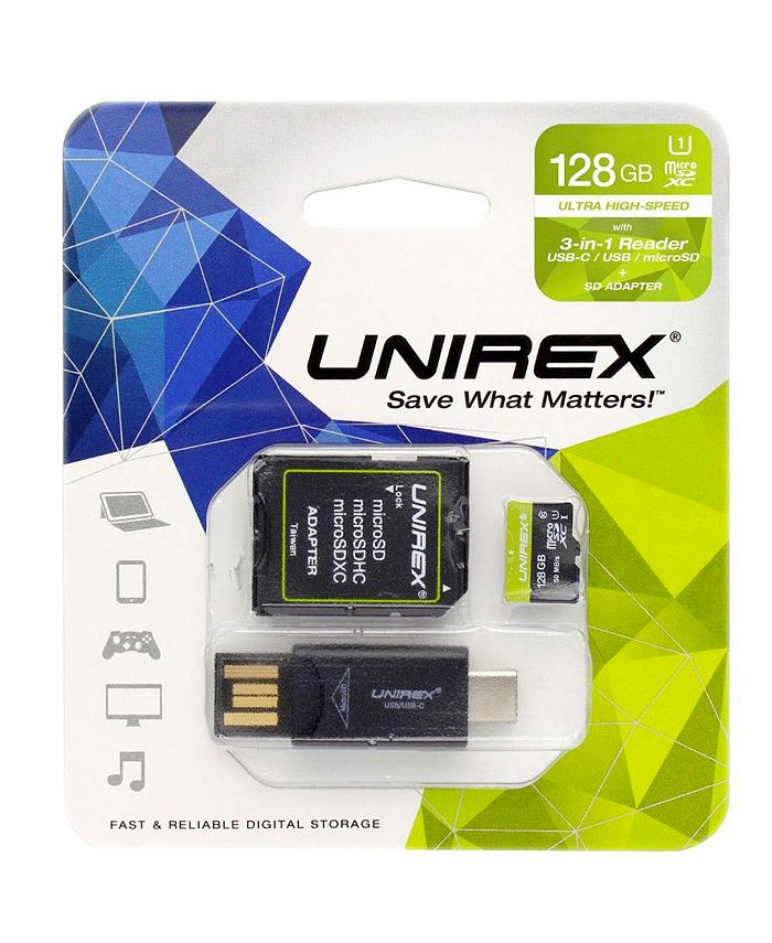 UNIREX CORPORATION Unirex 128GB MicroSD with USB Reader & SD Adapter ...