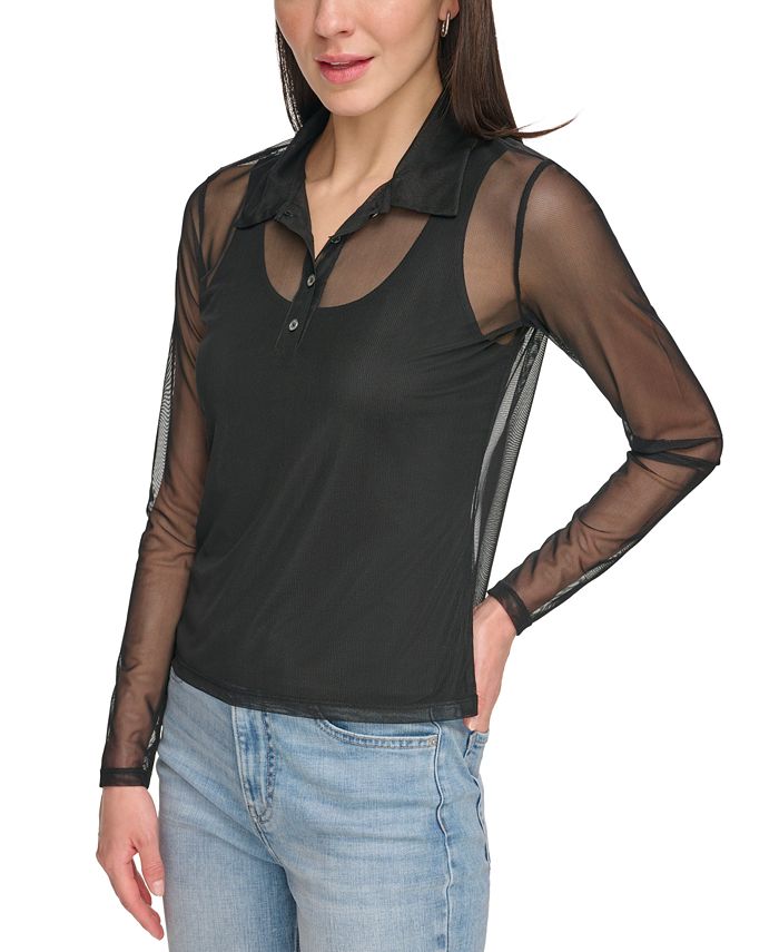 DKNY Jeans Women's Sheer Mesh Collared Shirt - Macy's