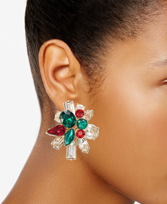 Holiday Lane Gold-Tone Multicolor Mixed Crystal Cluster Statement Stud Earrings, Created for ...