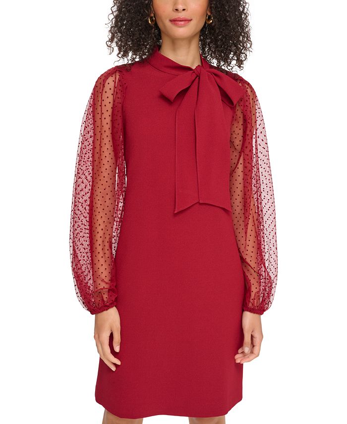 Vince Camuto Petite Tie-Neck Flocked Mesh-Sleeve Dress - Macy's