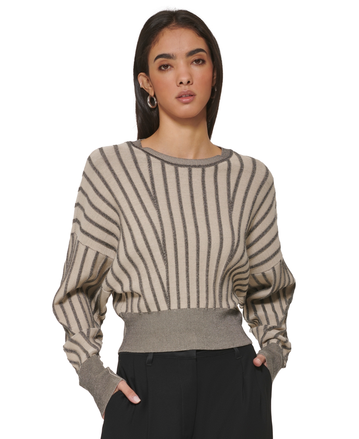 Dkny Women's Transfer-stitch Striped Dolman-sleeve Sweater In Black ...