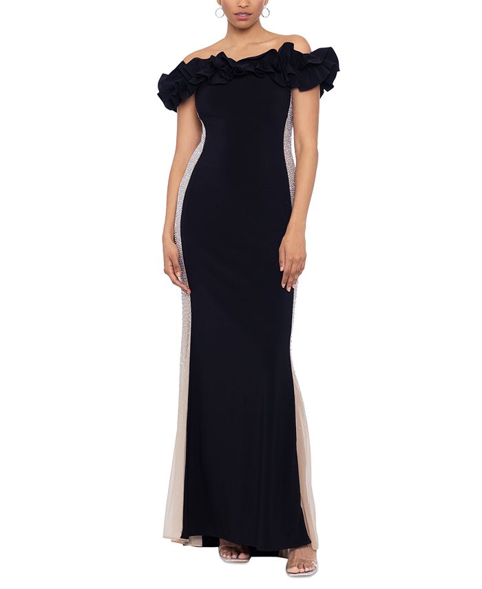 XSCAPE Women's Ruffled-Off-The-Shoulder Embellished Gown - Macy's