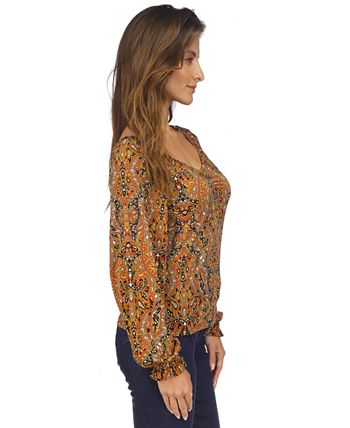 Michael Kors Women's Paisley Ruched Ruffled-Cuff Top - Macy's