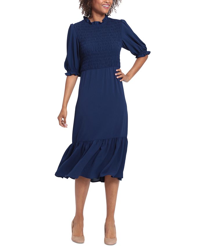London Times Women's Smocked-Bodice Tiered Midi Dress - Macy's