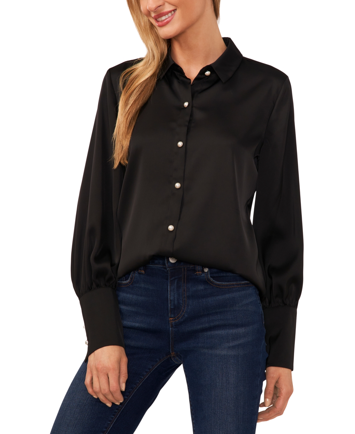Click here for CeCe Womens Luxe Satin Imitation Pearl Button Down... prices