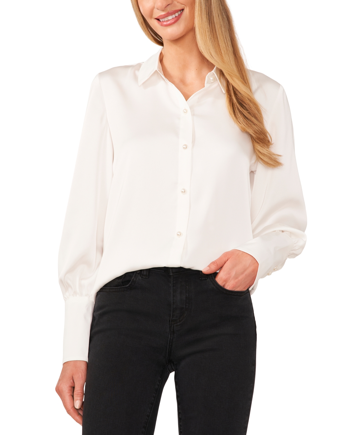 Click here for CeCe Womens Luxe Satin Imitation Pearl Button Down... prices