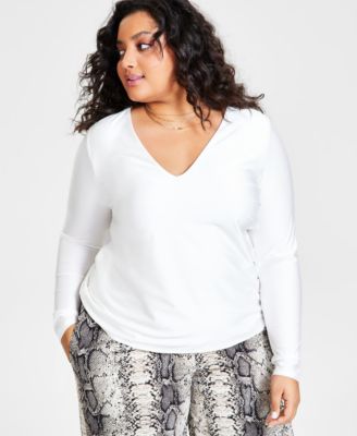 Bar III Plus Size V-Neck Long-Sleeve Shine Knit Top, Created for Macy's ...