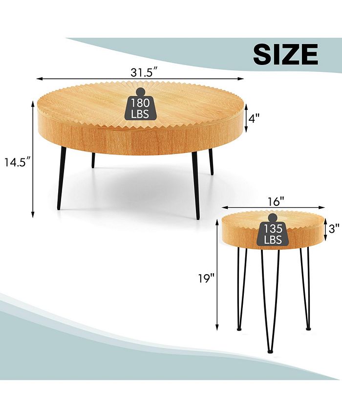 Costway Farmhouse Round Coffee Table Set of 2 End Table Natural Finish ...